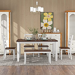 FIQHOME 6-Piece Room, Kitchen Set with Wood Dining Table,Bench and 4 Ergonomic Designed Chairs,Walnut + Cottage White