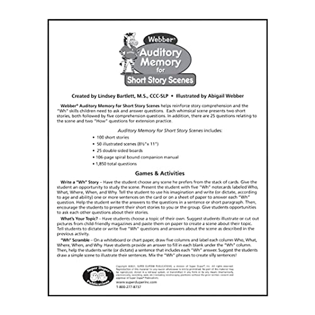 Super Duper Publications | Webber® Auditory Memory for Short Story Scenes | Target Story Comprehension and Answer Questions | Educational Learning Resource for Children