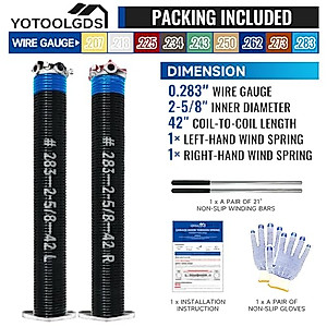YoToolGDS Pair of 2 5/8" Garage Door Torsion Springs Set with Non-Slip Winding Bars&Gloves, Precision Electrophoresis Oil-Free Black Coated for Replacement, MIN 16,000 Cycles (0.283 x 2-5/8" x 42'')