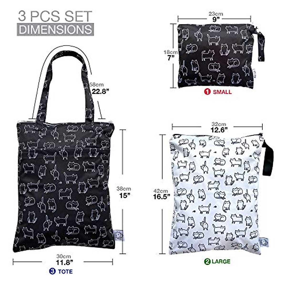 3pcs Waterproof Reusable and Washable Wet Dry Bag Baby Clothes Diaper Stroller Water Resistant Swimsuit Travel Toiletries Pouch Yoga Gym Laundry Shoe Beach Electronic Product Small Medium Large Cat