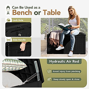 Flamaker Deck Box with Cushion 100 Gallon Waterproof Resin Storage Box with Air Rod Indoor Outdoor Lockable Storage Bench for Patio Furniture, Tools, Pool Accessories (Black)
