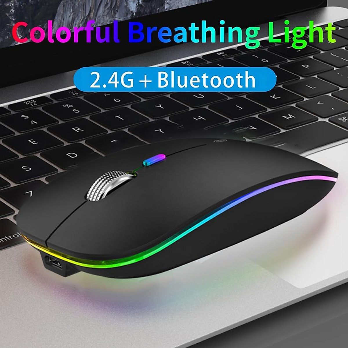 TENMOS Wireless Bluetooth Mouse, LED Slim Dual Mode (Bluetooth 5.1 + USB) 2.4GHz Rechargeable Silent Bluetooth Wireless Mouse with Type C Adapter for Laptop/Macbook/iPad OS 13 and above (Matte Black)