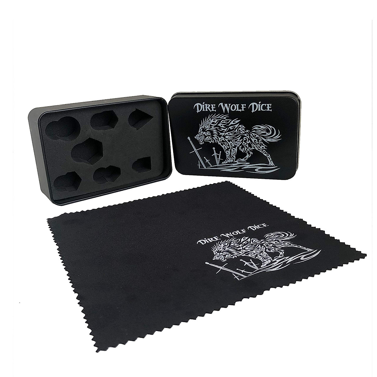 Metal Polyhedral DND Dice Set (7 Game Dice Plus Custom Tin Case) Dire Wolf Dice Gift Set for Role Playing RPG Like Dungeons and Dragons D&D, Pathfinder, Magic The Gathering MTG Games… (Silver & Red)…