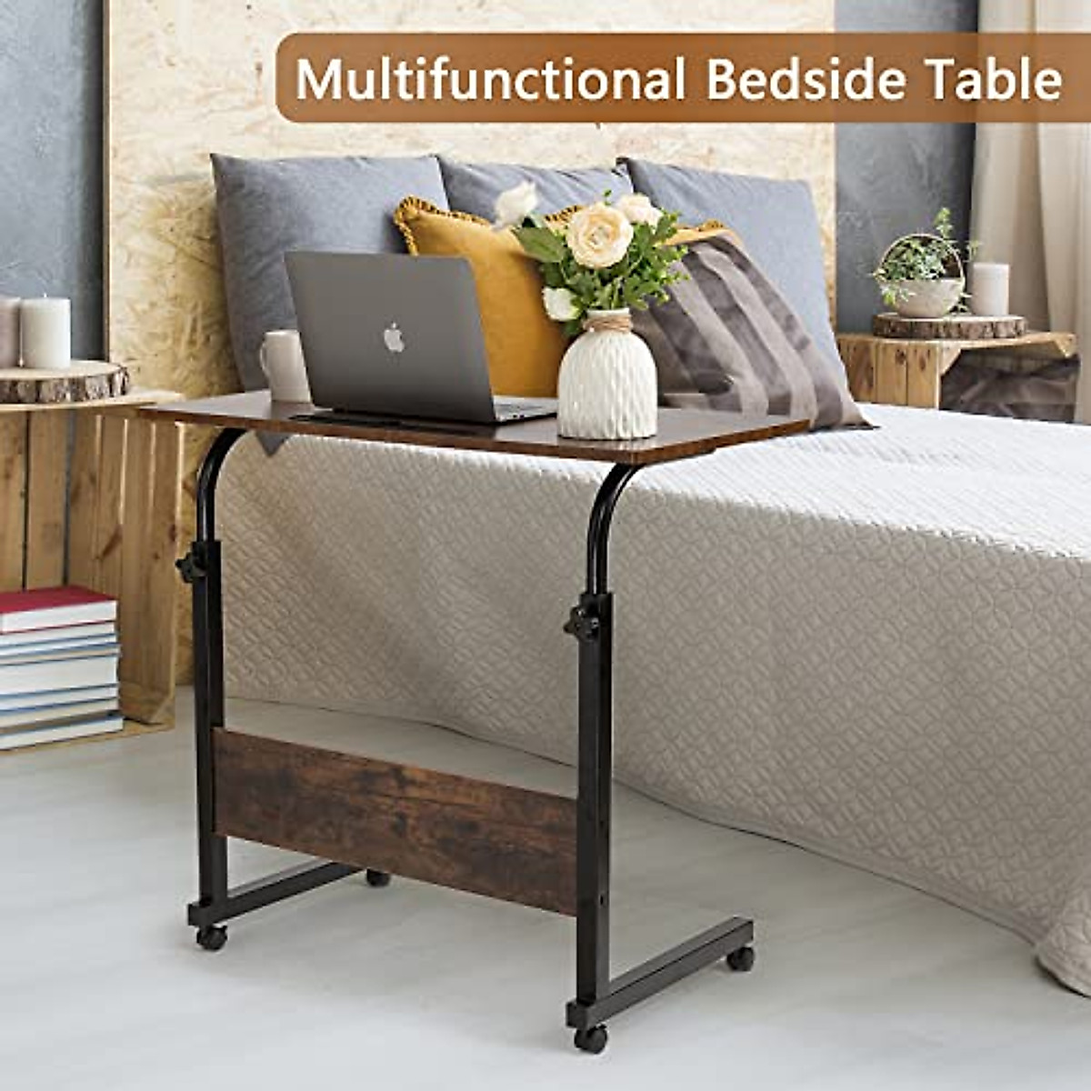 Hadulcet Mobile Side Table, Mobile Laptop Desk Cart, Mobile Computer Desk Stand Up Desk Office, Adjustable Over Bed Table with Wheels for Sofa, 31.5 x 15.7 in Rustic Brown