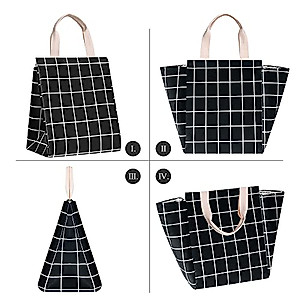 HOMESPON Reusable Lunch Bag Insulated Lunch Box Canvas Fabric with Aluminum Foil, Lunch Tote Handbag for Women,Men,Office (Black Plaid)