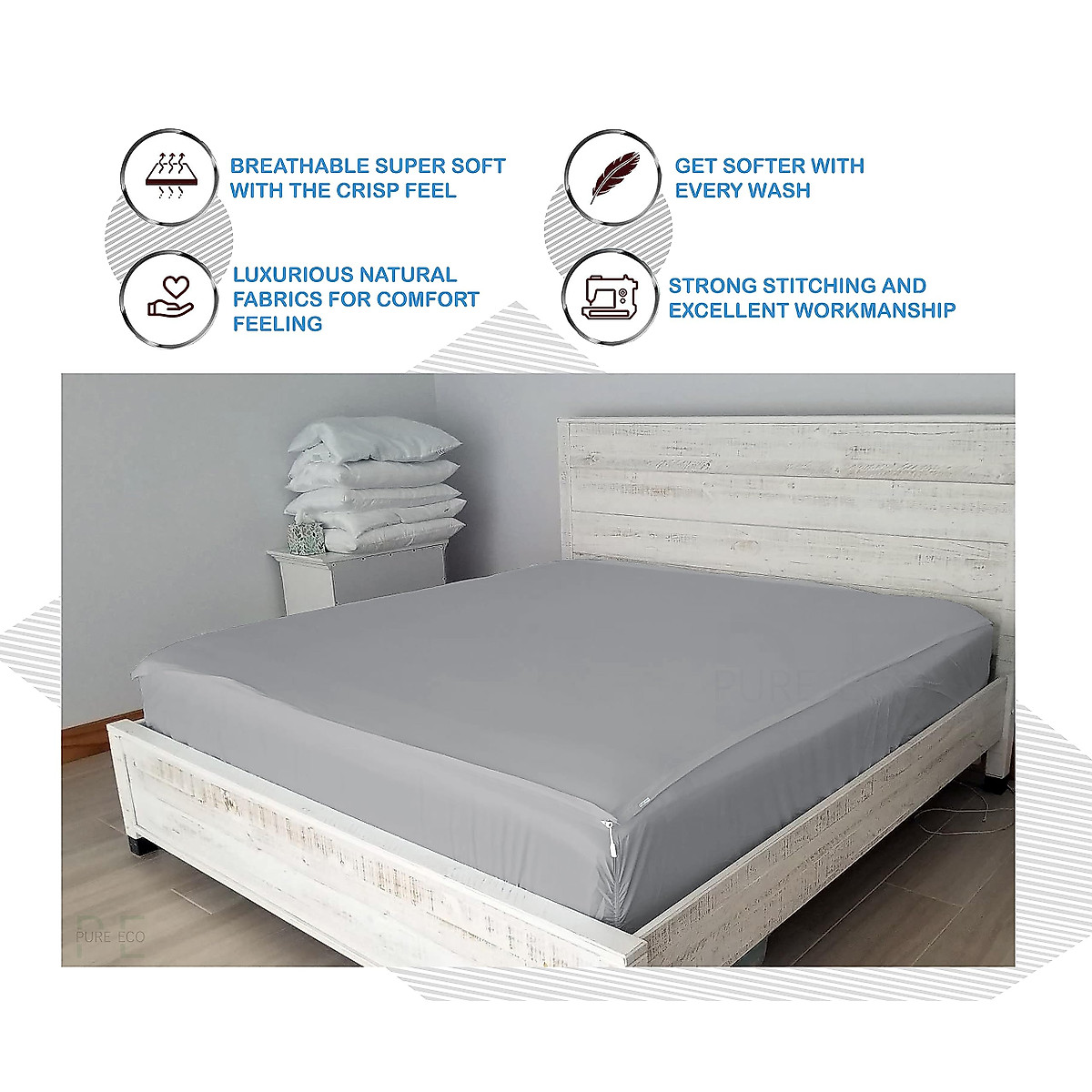 Pure Eco Easy Zipper Fitted Sheet - Includes 1 Fitted Sheet Base & 2 Zip-On Sheets - 15” Inch. Deep Pockets Zipper Sheets Full Size - 600 TC Soft Cotton Fitted Sheet - Dark Grey