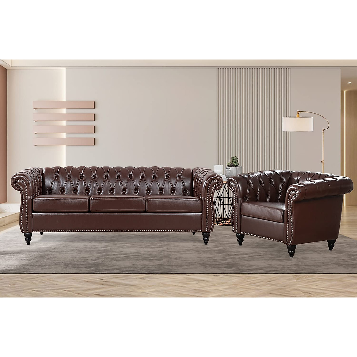 Vaztrlus Brown Leather Sectional Chesterfield Sofa Set, Luxury Couch for Living Room, Comfy Deep-Seat 3-Seater Couch and Chair Set for Bedroom, Office, or Apartment. Tool-Free 2-Piece Assembly.