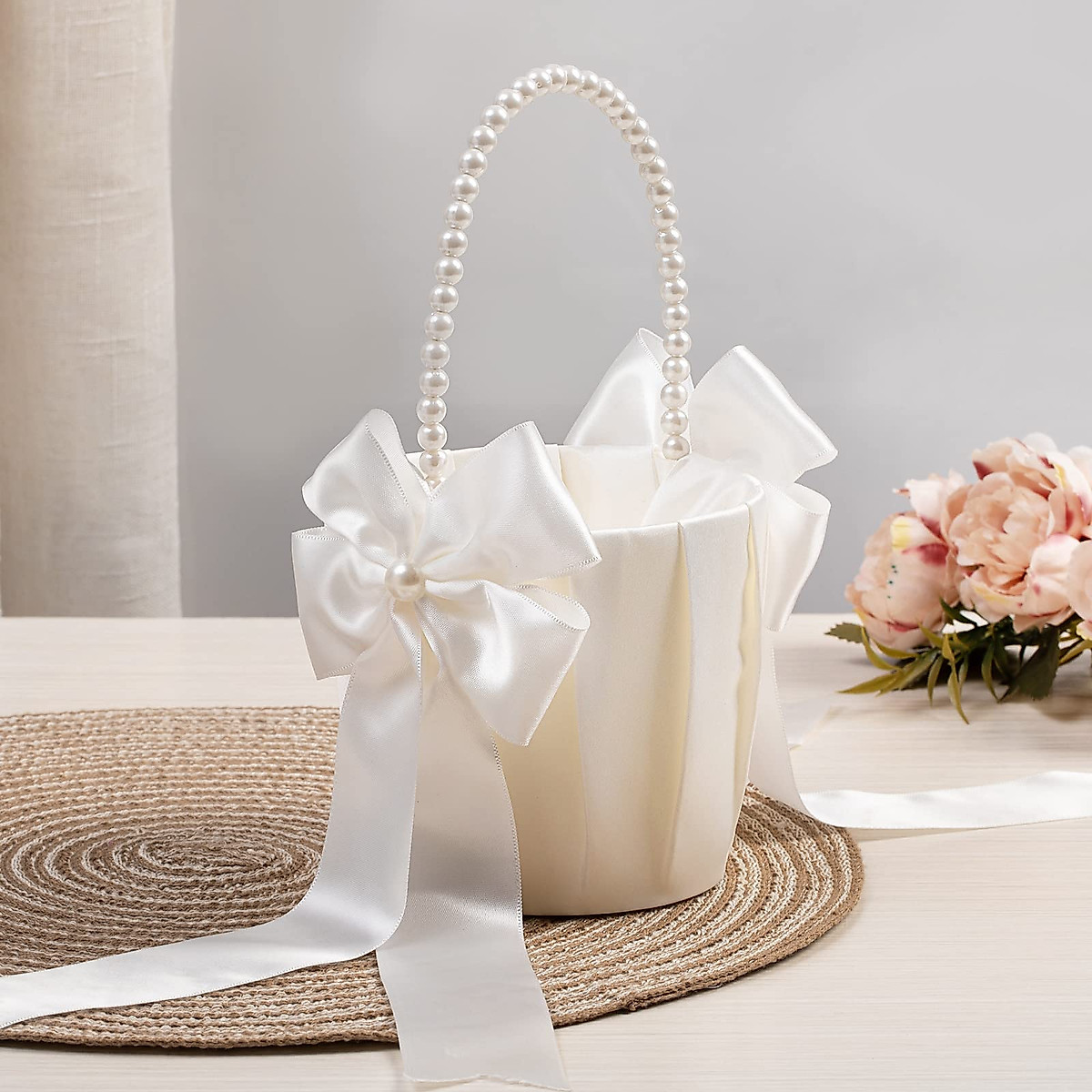 Flower Girl Baskets for Wedding,Ivory Flower Girl Basket With Pearl Handle set of 2,Wedding Baskets for Flower Girls