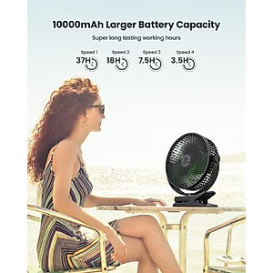 10000 mAh Battery Operated Clip on Fan with 4 Speeds,8 Inch, Max 38 Hrs, Rechargeable Stroller Golf Cart Fans,Quiet, Include Hook for Camping,Strong Wind, Personal Desk Fan, USB Powered,Black
