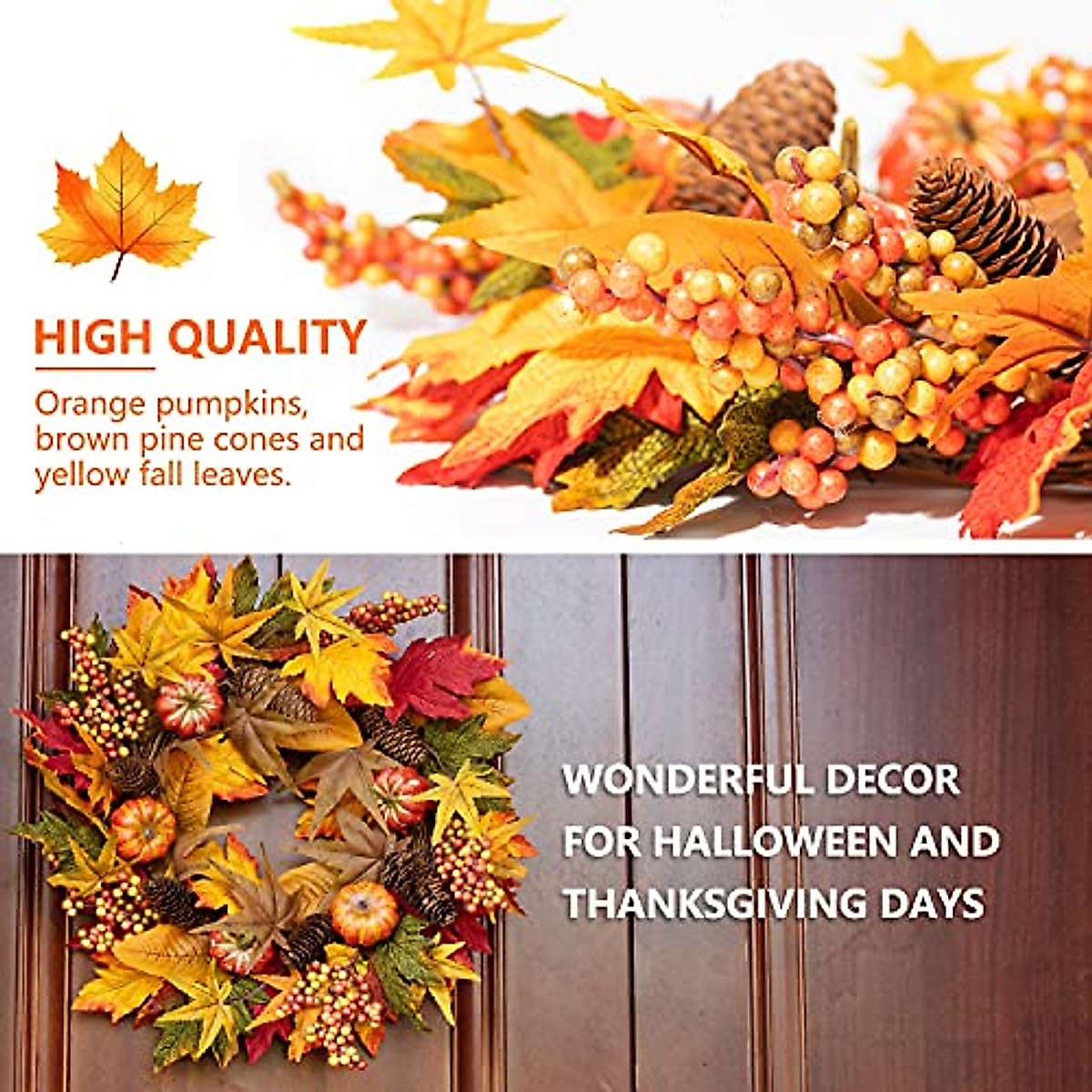 Rocinha Fall Wreath, 20inch Autumn Wreath for Front Door Outside Ideal for Autumn & Halloween & Thanksgiving Day