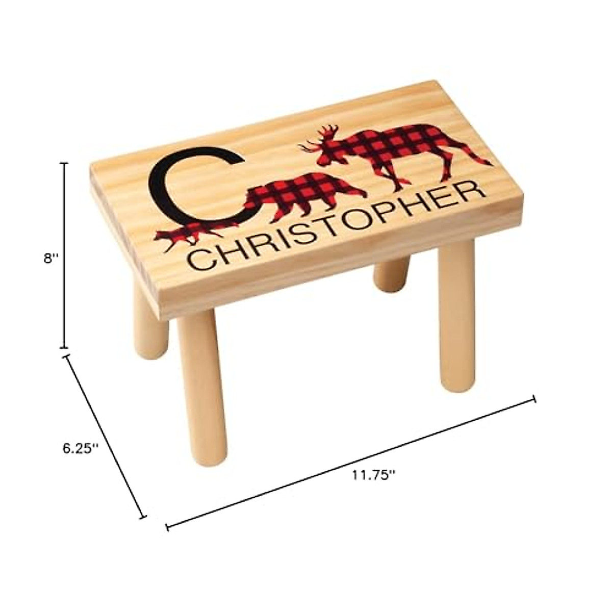 Fox Valley Traders Personalized Children's Step Stool, Natural Wood, Buffalo Plaid Design with Custom Name