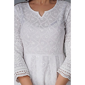 JG JAI GOVINDAM Chikankari Cotton Anarkali Indian Kurti For Women Summer Dress Kurta Pant With Dupatta Set Pakistani Long Kurta-(XL) White