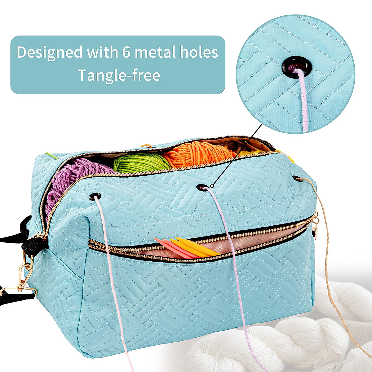 AGX Bravo Small Crochet Bag Organizer Knitting Bag Yarn Holder Storage Bag Crochet Hook Case for Women Crocheting Bags Organizer for 20x1.7oz Yarn Skeins and Crochet Knitting Accessories (Light Blue)