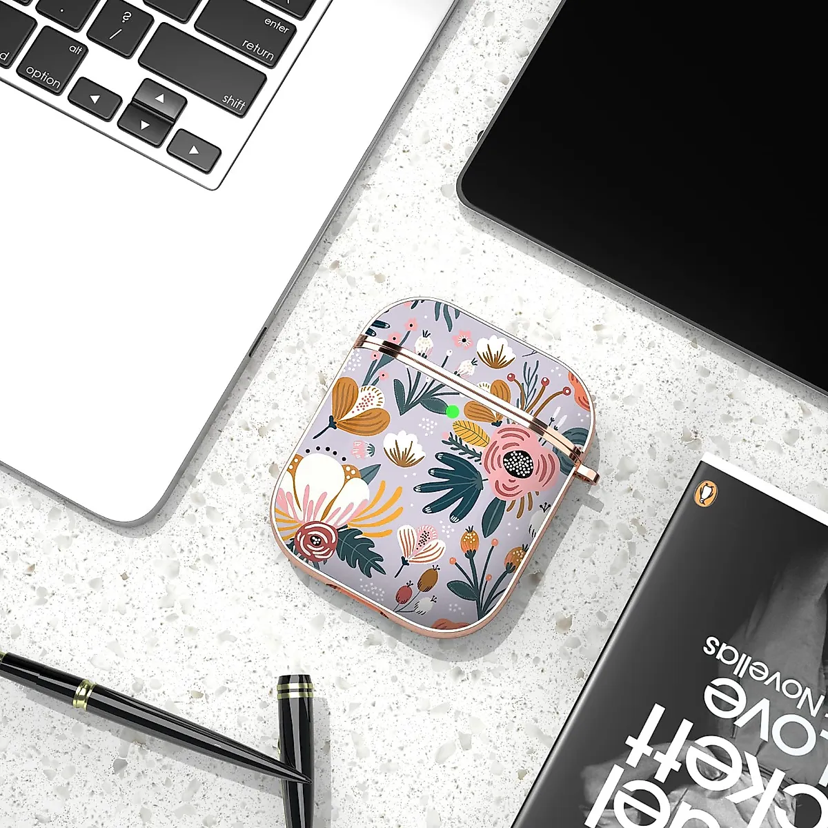 Maxjoy Case for AirPods 2&1, Flower Air Pod Case for Women Girls Cute Hard Protective iPods Cover with Keychain Compatible AirPod 2nd 1st Generation Wireless Charging Case, Floral