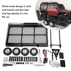 Hitoxi RC Car Trailer, Metal Trailer Cargo Carrier with Four Tires for 4WD TRX4 1/10 Car, Heavy Duty Truck Crawler Buggy Truggy Trail Toy Accessory, Black