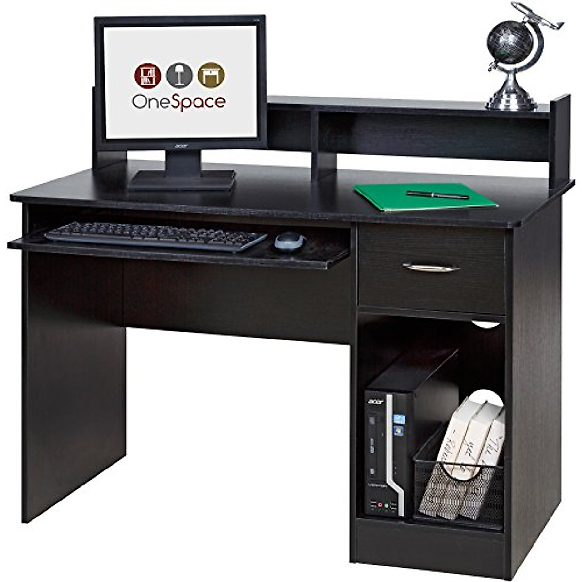 OneSpace Essential Computer Desk, Hutch with Pull-Out Keyboard, Black