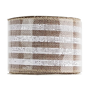 MEEDEE Burlap Wired Ribbon with White Stripe Burlap Ribbon 2.5 Inch Wired Ribbon for Cakes Gift Basket Bow Wreath Ribbon for Rustic Front Door Wreath Baby Shower Beach Farmhouse Decor, 10 Yards