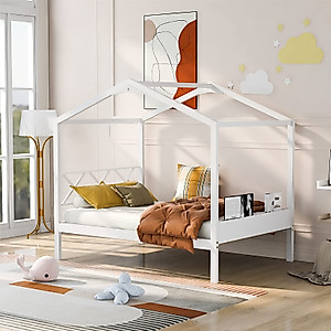Full House Bed for Kids Montessori Bed with Headboard and Storage Footboard Wood Platform Bed Frame White House Beds for Girls Boys Teens Adults, Full Size, White