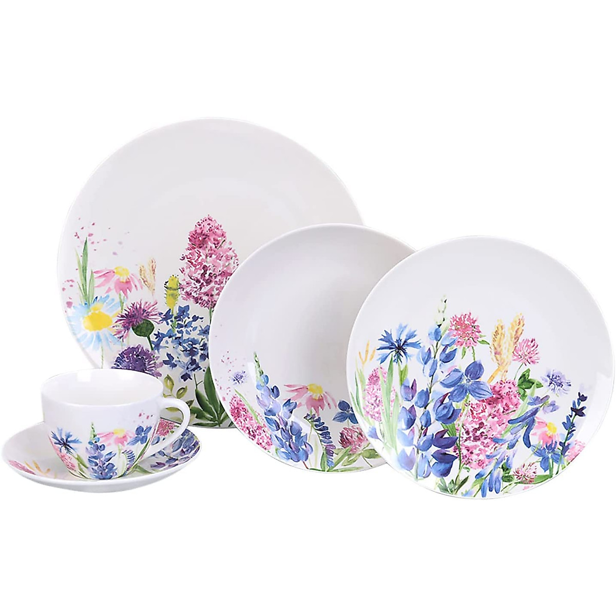 STP Porcelain J-217520 Dinnerware Set for 4, Lavender Fields, Bone China Porcelain, Dinner Plates, Bowls, Dessert Plates, Cups with Saucer, 20 pcs
