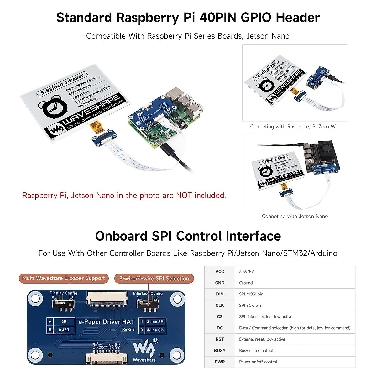 waveshare 5.83inch E-Paper E-Ink Display HAT Compatible with Raspberry Pi 4B/3B+/3B/2B/B+/A+/Zero/Zero W/WH/Zero 2W Series Boards 648×480 Pixels Black/White Dual-Color SPI Interface