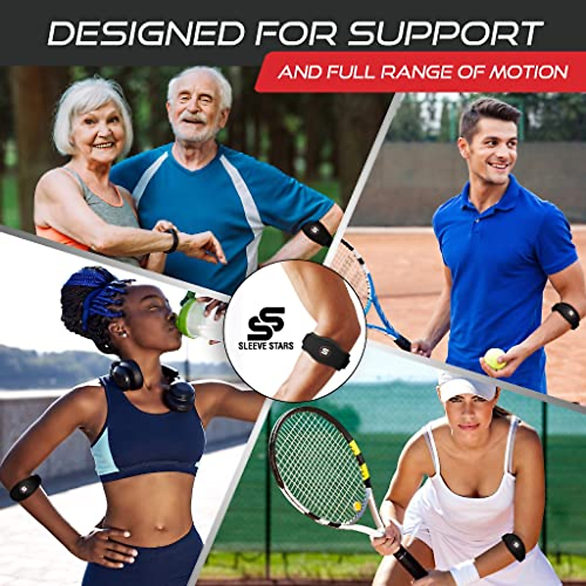 Sleeve Stars Tennis Elbow Brace for Men & Women, Tennis Elbow Strap Tendonitis Arm Band, Counterforce Brace & Elbow Band for Tendon Pain Relief w/ 3 Forearm Support Straps, Fits 9-23" (Single/Black)