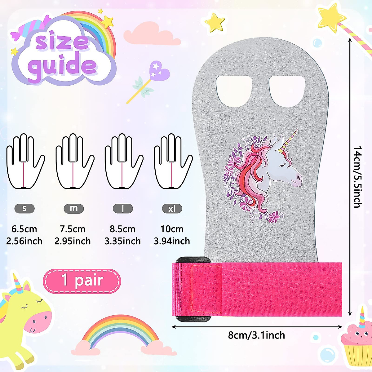 6 Pcs Gymnastics Grips Wristband Sweatbands Headband Set for Girls Kids Youth Unicorn Gymnastics Bar Hand Athletic Gloves with Drawstring Party Favor Bags, Pink (Unicorn,Small)