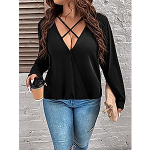 WDIRARA Women's Plus Size Criss Cross Wrap Deep V Neck Long Sleeve Tee T Shirt Black 2XL