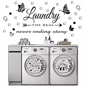 2 Sheets Wall Stickers Laundry Room Vinyl Wall Decal Wash Dry Vinyl Laundry Stickers Laundry The Real Never Ending Story Wall Decal Washer Stickers Quote Wall Art Stickers for Home Apartment Washing Machine laundry Room Decor Wall Decorations Laundry Room