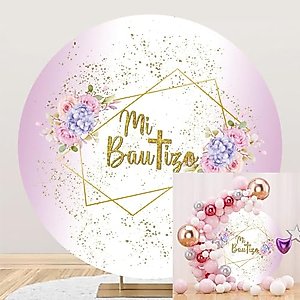 AWERT Polyester Diameter 4ft Round Mi Bautizo Backdrop Cover for Girls First Communion Baptism Decoration Purple Rustic Plant Flower Gold Dots Newborn Baby Shower Photo Booth Backgrounds