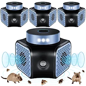 Qualirey 4 Pack Mouse Repellent, 360° Ultrasonic Rodent Repellent Indoor Mice Repellent, Squirrel Pest Repeller Plug-in 4 Modes Bat Spider Deterrent with 9 Strobe Lights Attic Garage House RV(Blue)