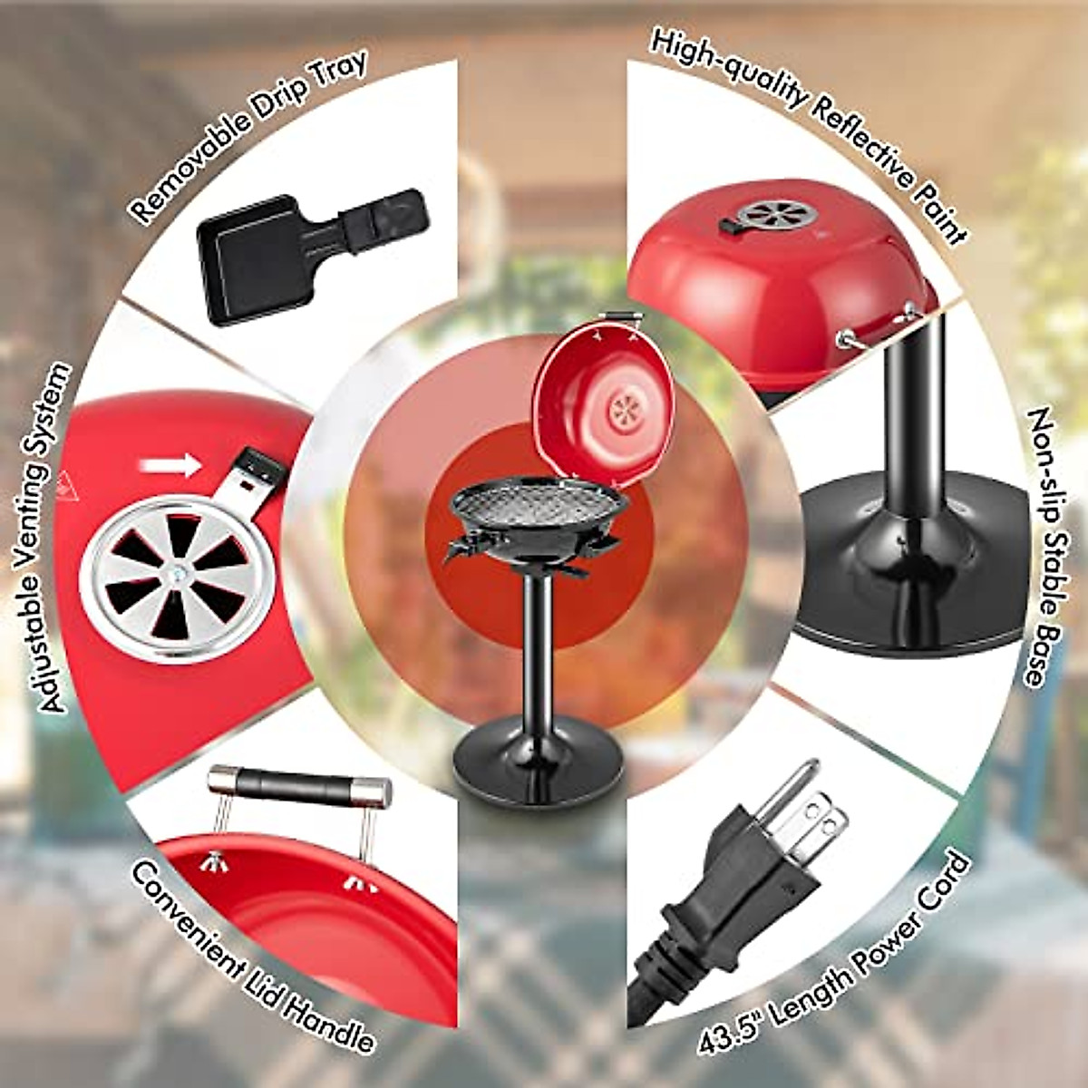 HAPPYGRILL 1600W Portable Electric Grill Outdoor BBQ Grill for 15-Serving, Electric Barbecue Grill for Indoor & Outdoor Use, Portable Stand BBQ Grill for Patio Balcony Kitchen Garden