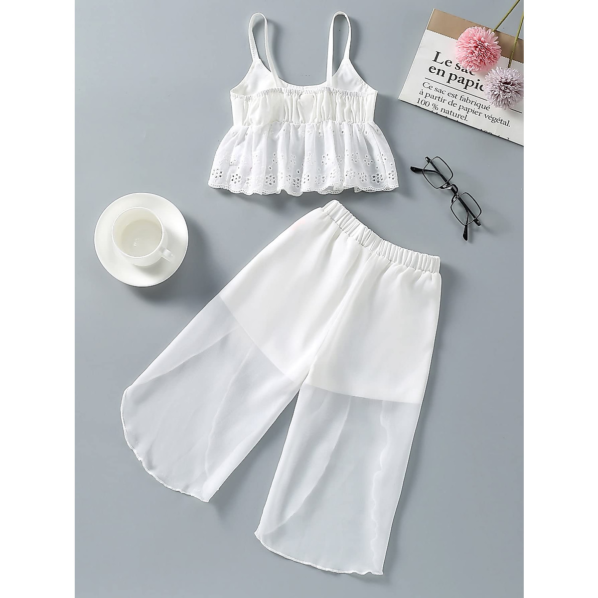 WDIRARA Toddler Girl's 2 Piece Outfit Bow Front Ruffle Hem Cami Top Top and Split Pants Set White 90
