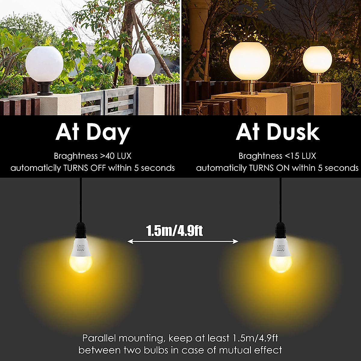 Ajuns Dusk to Dawn LED Light Bulb, Sensor Light Bulb 5W E26 Automatic On/Off Light, Porch Garage Courtyard Balcony Lighting Bulb 2700K Warm White 2Packs