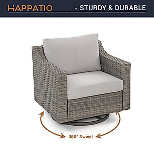 HAPPATIO Patio Chairs Set of 2, 360-Degree Swivel Outdoor Chairs, 3 Piece Wicker Patio Bistro Set with Comfortable Cushions and Sturdy Rattan Table for Yard, Porch, Balcony(Grey)