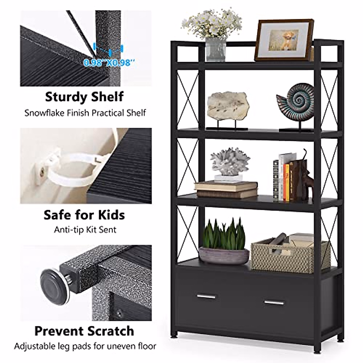 LITTLE TREE Freestanding Lateral File Cabinet with Drawer, Filiing Cabients with Shelves, Black