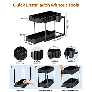 Under Sink Organizers and Storage Bathroom Organizer, 2 Tier Under Sliding Kicthen Cabinet Basket Organizer with Hooks, Hanging Cup, Dividers, Handles, Multi-purpose Under Sink Shelf Organizer, Black