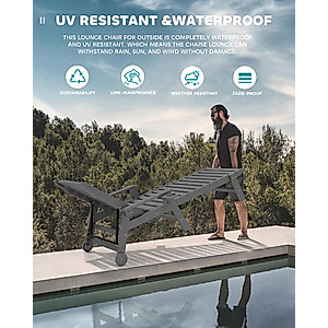 SERWALL Patio Chaise Lounge Chair Set of 2, 5 Positions Adjustable HDPE Outdoor Lounge Chair for Pool, Poly Lounge Chair with Rolling Wheels & Cup Holder for Poolside, Deck, Slate Gray
