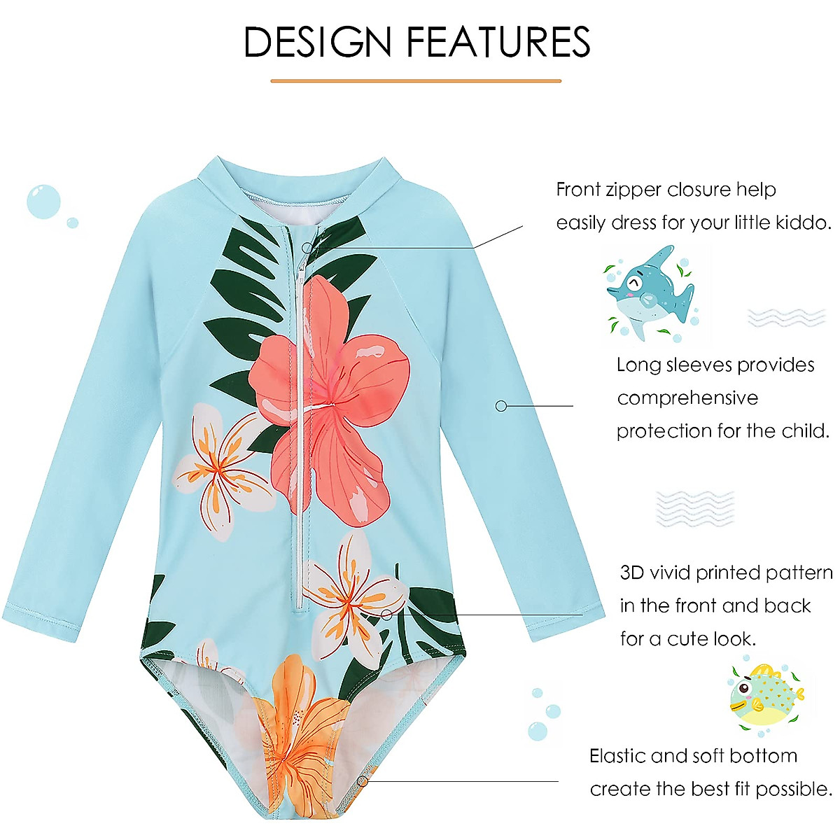 Baby Girl Swimsuit One Piece Bathing Suits for Girls Long Sleeve Toddler Girl Rash Guard Swimwear 2-3 Years Blue Floral