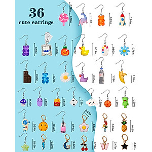 35 Pairs Cute Fun Earrings Weird Aesthetic Kawaii Funny Indie Unique Cool Star Moon Earrings for Women Gummy Bear Duck Mushroom Fruit Food Flowers Boba Goldfish Earrings Bulk