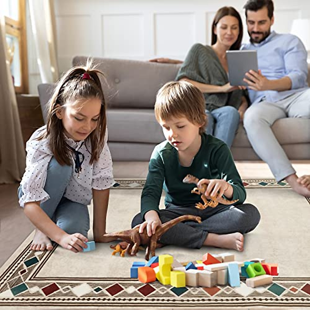 ROYHOME Washable Area Rug for Living Room Contemporary Bordered Floorcover Indoor Carpet Contemporary Geometric Bordered Accent Area Rugs for Bedroom, Home Office, Beige, 5 x 7 Feet