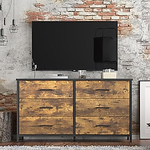 IKENO 6 Drawer Dresser for Bedroom, Industrial Wood Storage Organizer with Sturdy Steel Frame, Chests of Drawers for Bedroom Living Room Hallway