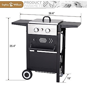 Sophia & William 2-Burner Gas BBQ Grill With Flat Top, Small Outdoor Propane Barbecue Grill with Side Shelves,Lid and Hose & Regulator for Camping, 20,000 BTU,Black