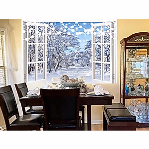 BINQOO 7x5ft Winter Landscape Window Photography Backdrop Christmas Snow Trees Scenery Background Baby Shower Kids Birthday Party Portrait Photo Studio Props