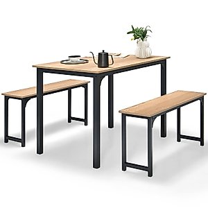COSTWAY 3 PCS Dining Table Set for 4, Rectangular Kitchen Table with 2 Benches, Industrial Counter Height Table Set with Anti-slip Pads, Heavy Duty Steel Frame for Dining Room, Kitchen, Bar (Natural)
