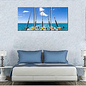 Canvas Wall Art Row of Five Fishing Rod and Reel Pictures Blue Seascape Paintings for Living Room Giclee Fishing Tackle Artwork HD Prints Modern Home Decor Framed Stretched Ready to Hang(60''Wx28''H)