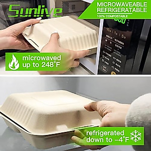 Sunlive 100% Home Compostable 50 Pack Disposable Clamshell Take Out Food Containers, 8X8'' 3-Compartment to go Containers, Biodegradable Heavy-Duty to go Boxes, Made of Sugarcane Fibers
