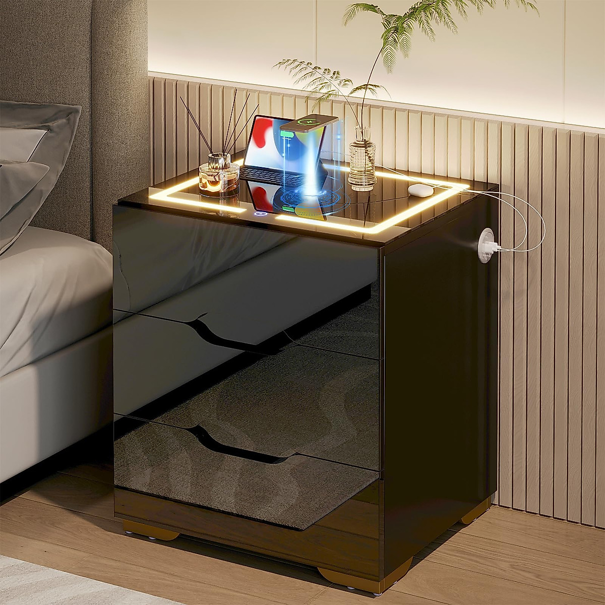 Nosepen Nightstand with Wireless Charging Station & 2 USB, LED Smart Night Stand Bedside Table End Table with 3 Drawers, 3 Color Dimmable, Adjustable Brightness Embedded LED Light Strip for Bedroom
