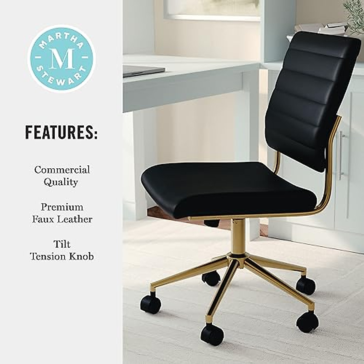 Martha Stewart Ivy Armless Swivel Task Chair for Home Office in Black Faux Leather with Polished Brass Frame