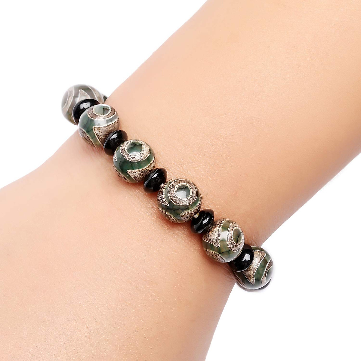 ZenBless Round Grey Tibetan Dzi Beads Bracelet Mala Beads Amulet Bangle Attract Good Luck (12MM Beads)