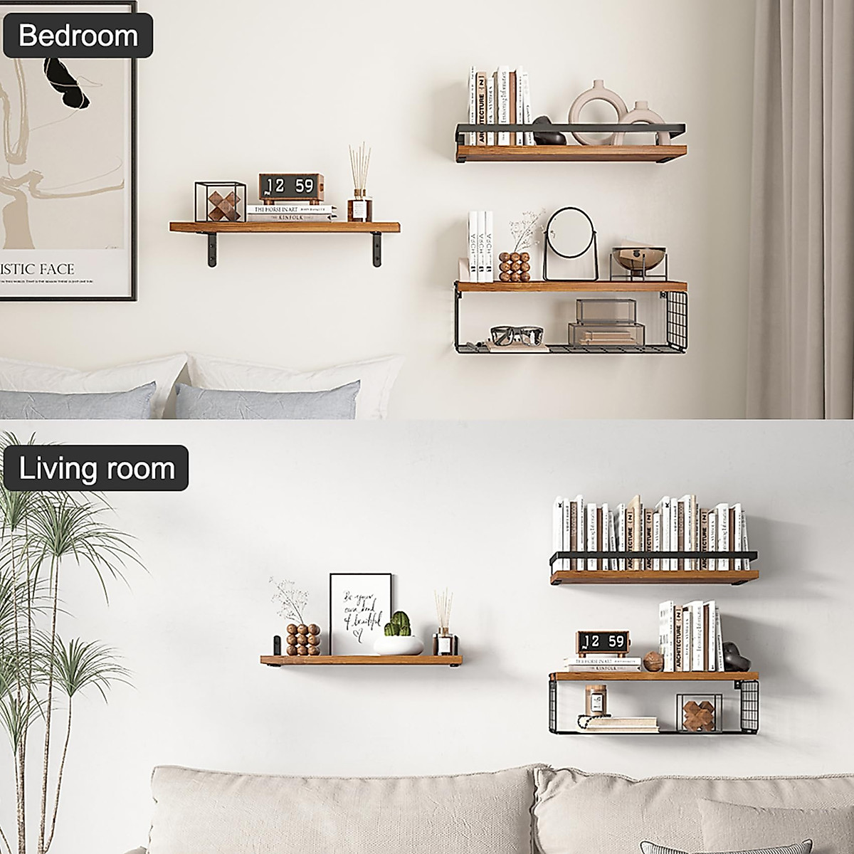 Eunvabir Floating Shelves for Bathroom Storage Decor with Basket, Wood Wall Mounted Over The Toilet Shelves, Hanging Shelf for Bedroom Kitchen Laundry Living Room Plants Farmhouse Organizer